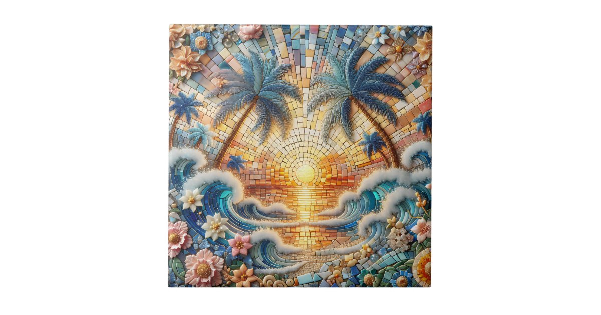 Magical Mosaic Tropical Ocean Sunset Ceramic Tile | Zazzle