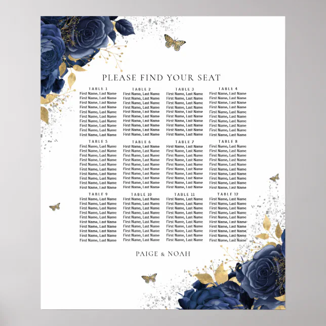 Magical Navy & Gold Roses Wedding Seating Chart | Zazzle