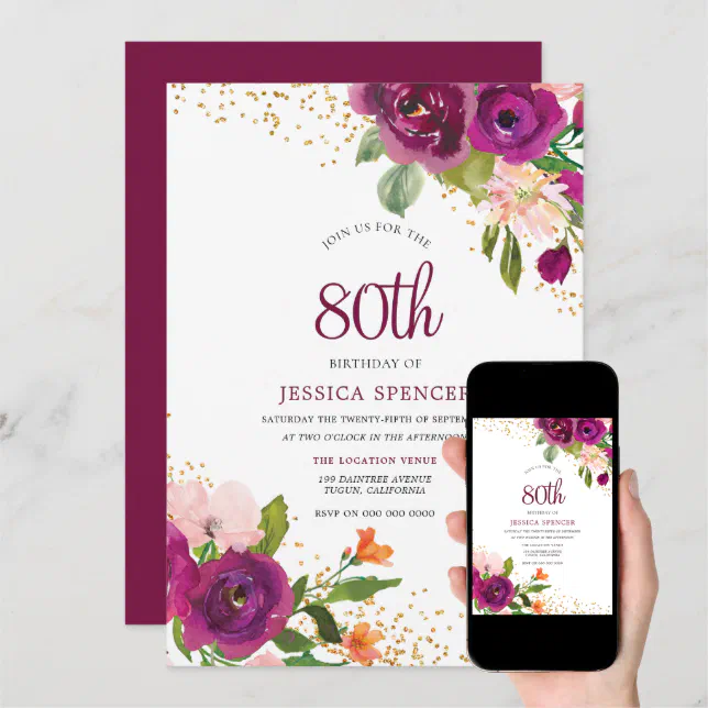 Magical Pink Floral 80th Birthday Invitation | Zazzle