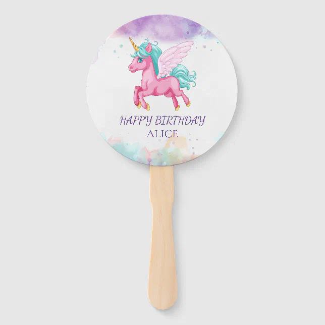 Magical Pink Unicorn Rainbow Birthday Hand Fan | Zazzle