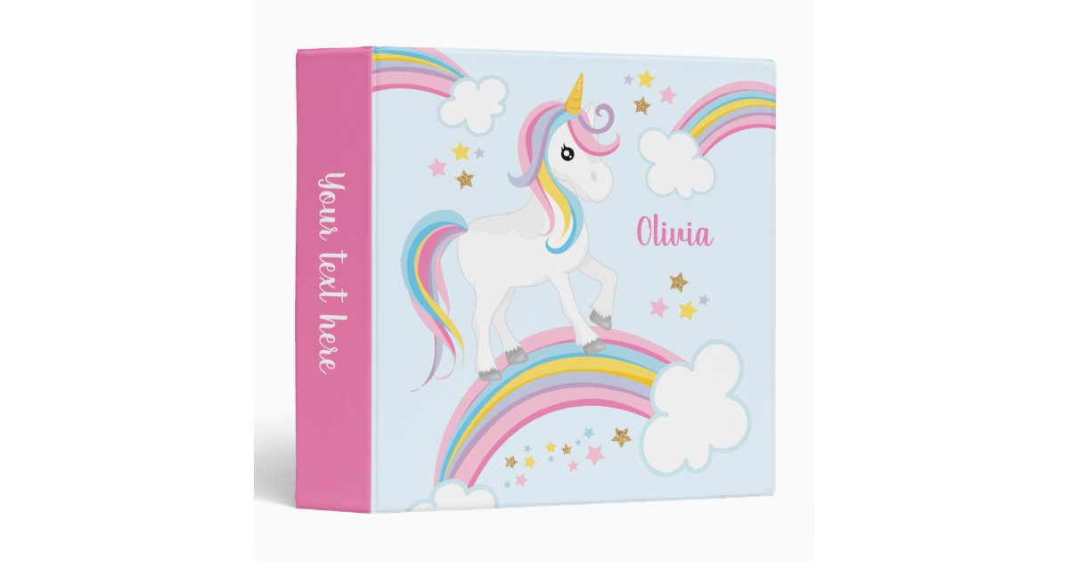 Magical Rainbow Unicorn Personalized Kids 3 Ring Binder | Zazzle