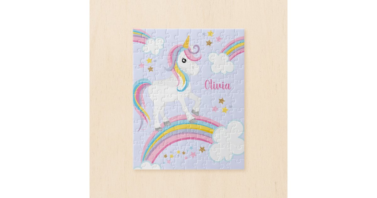 Magical Rainbow Unicorn Purple Personalized Kids Jigsaw Puzzle | Zazzle