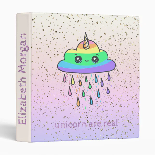 Magical Rainbow Unicorn Rain Confetti 3 Ring Binder | Zazzle