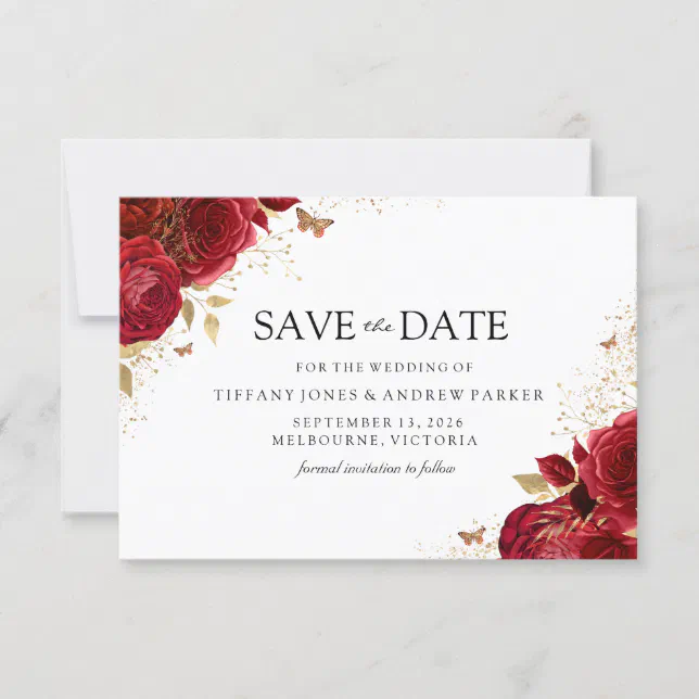 Magical Romantic Red Roses Gold Floral Wedding Save The Date | Zazzle