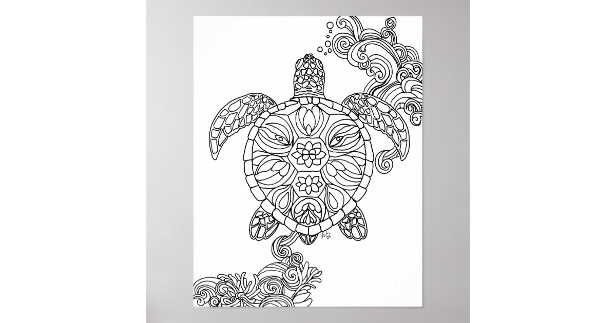 Magical Sea Turtle Adult Coloring Printable Poster | Zazzle