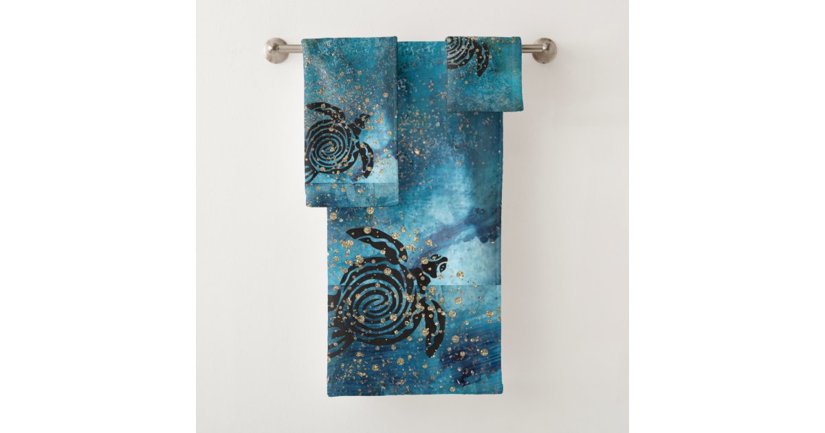 Magical Sea Turtle Glittery Blue Bath Towel Set | Zazzle