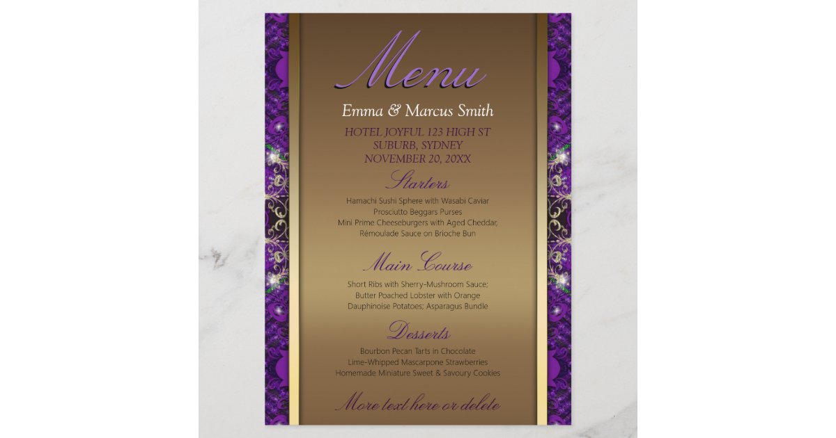 Magical Sparkle Gold+Purple Wedding Big Size Menu | Zazzle
