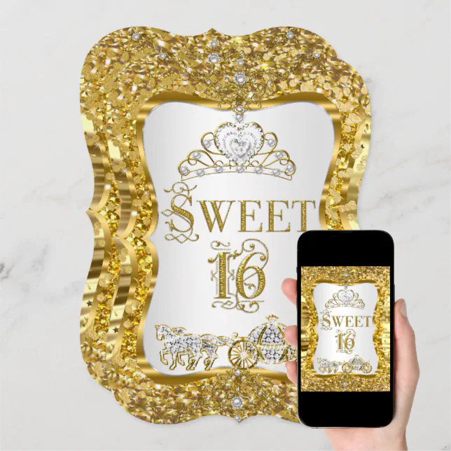 Magical Tiara Princess Sweet 16 Gold White Invite | Zazzle