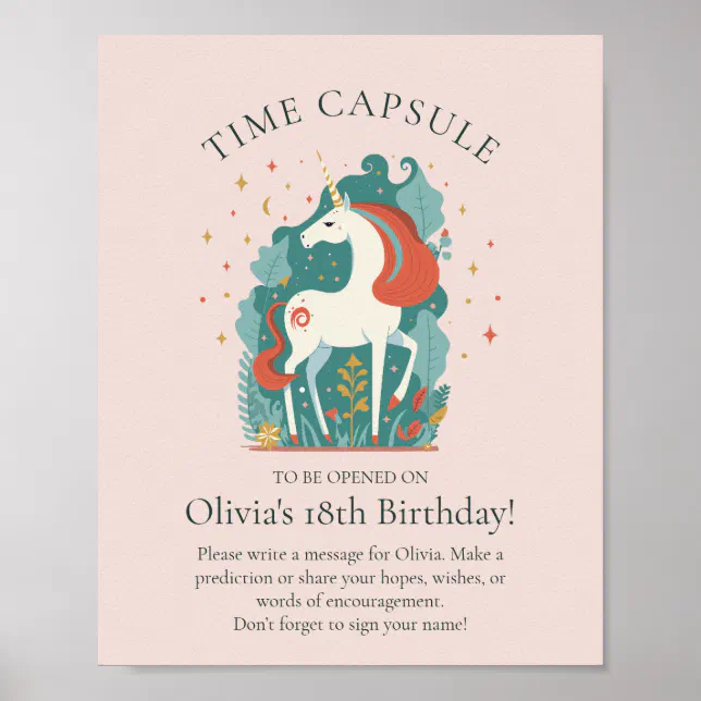 Magical Unicorn Birthday Baby Shower Time Capsule Poster | Zazzle
