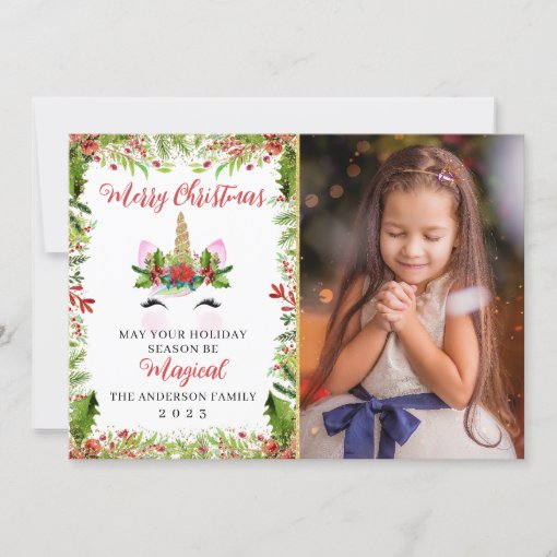 Magical Unicorn Christmas Holly Berries 2 Photo Holiday Card | Zazzle