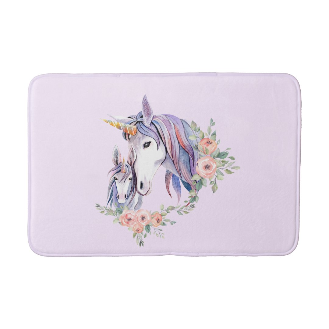 Magical Unicorn Mom & Baby Watercolor Bath Mat | Zazzle