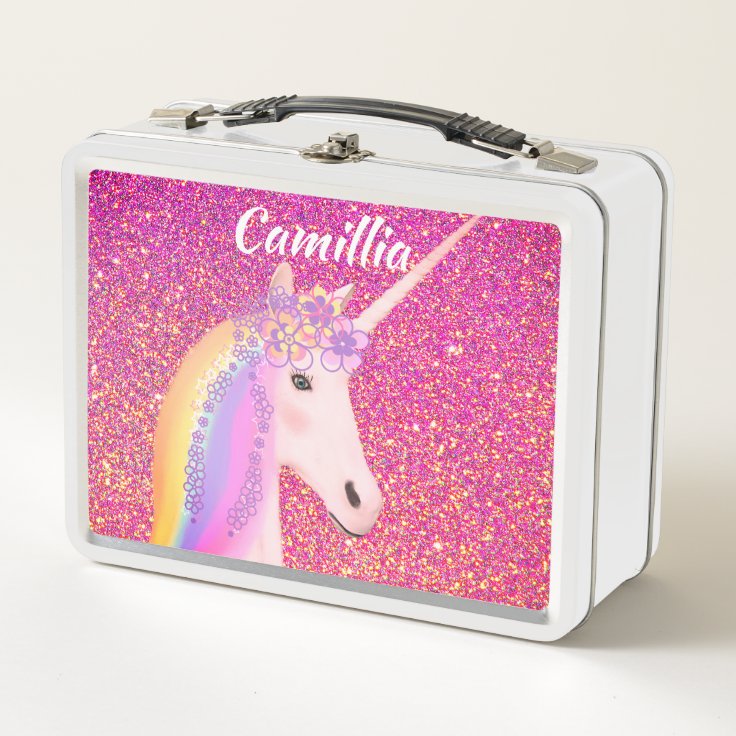 Magical Unicorn Rainbow Pink Glitter Sparkle Girls Metal Lunch Box | Zazzle