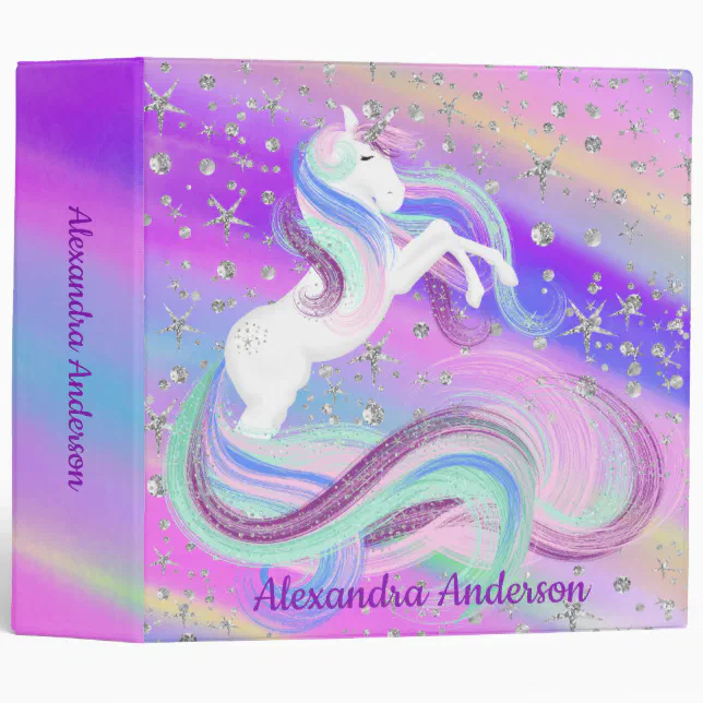 Magical Unicorn Silver Stars School 3 Ring Binder | Zazzle