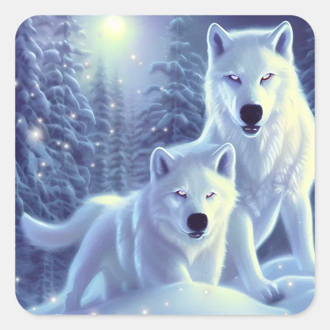 Magical White Arctic Wolves Fantasy Art Square Sticker | Zazzle