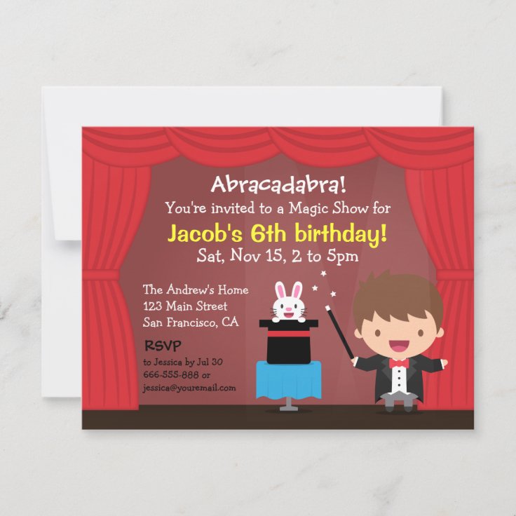 Magician Boy Magic Kids Birthday Party Invitations | Zazzle