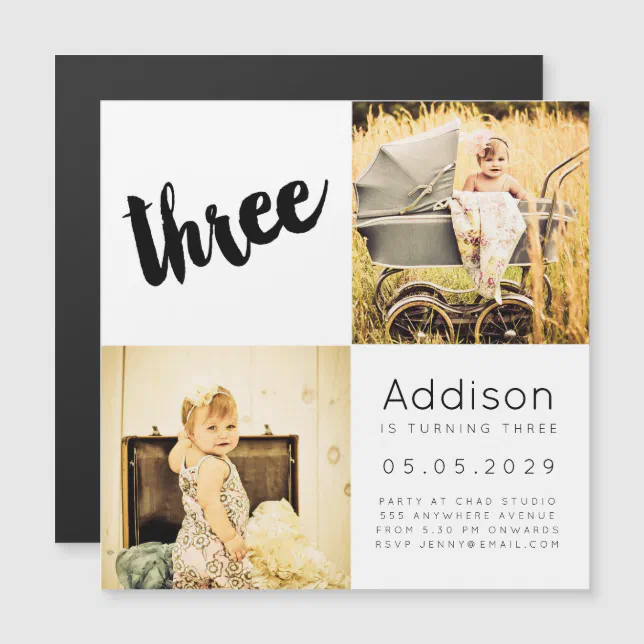 MAGNET Baby Boy Girl THREE 3rd Birthday Photo Card | Zazzle