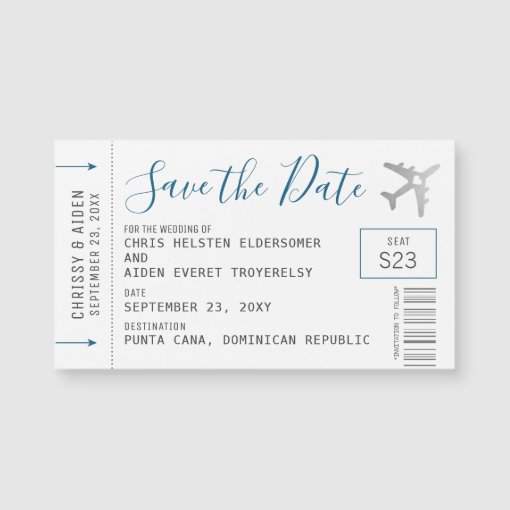 Magnetic Mini Boarding Pass Save the Date Silver | Zazzle