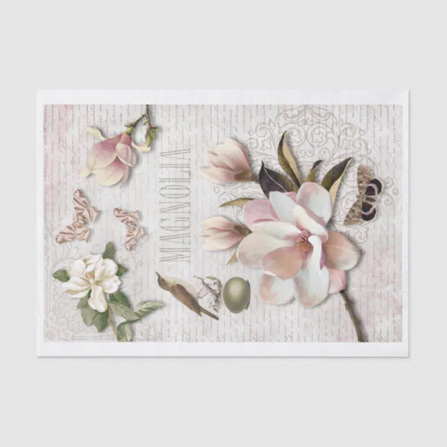 Magnolia, Bird, and Butterflies Collage Tissue Paper | Zazzle