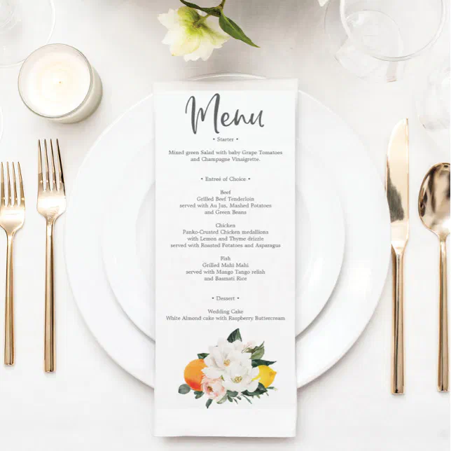 Magnolia Citrus Wedding Menu and Thank You Invitation | Zazzle
