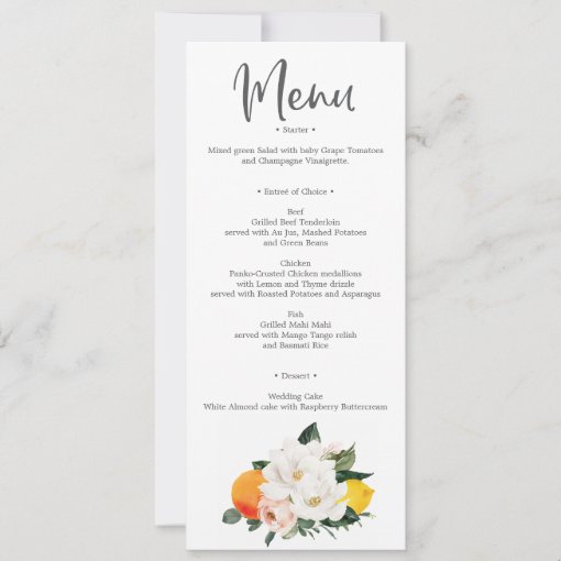 Magnolia Citrus Wedding Menu and Thank You Invitation | Zazzle