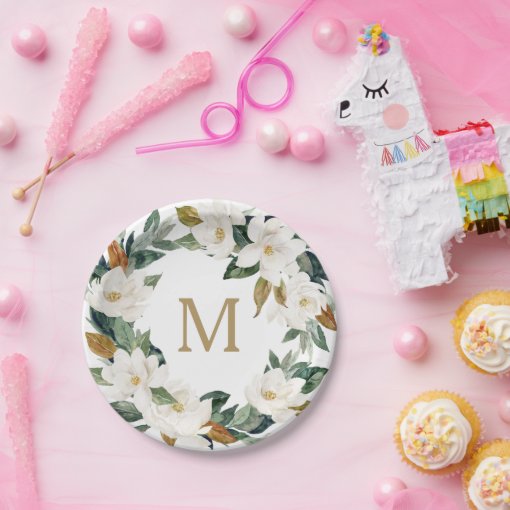 Magnolia Cotton Monogram Paper Plates | Zazzle