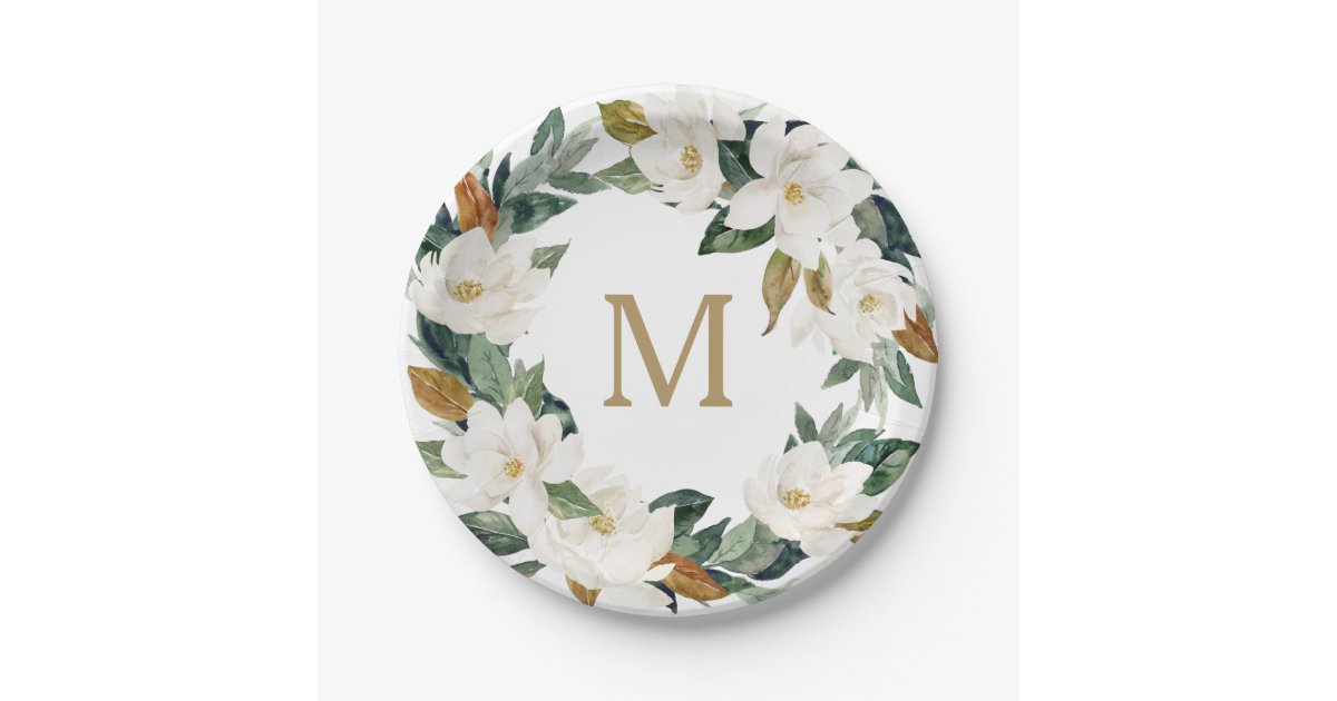 Magnolia Cotton Monogram Paper Plates | Zazzle