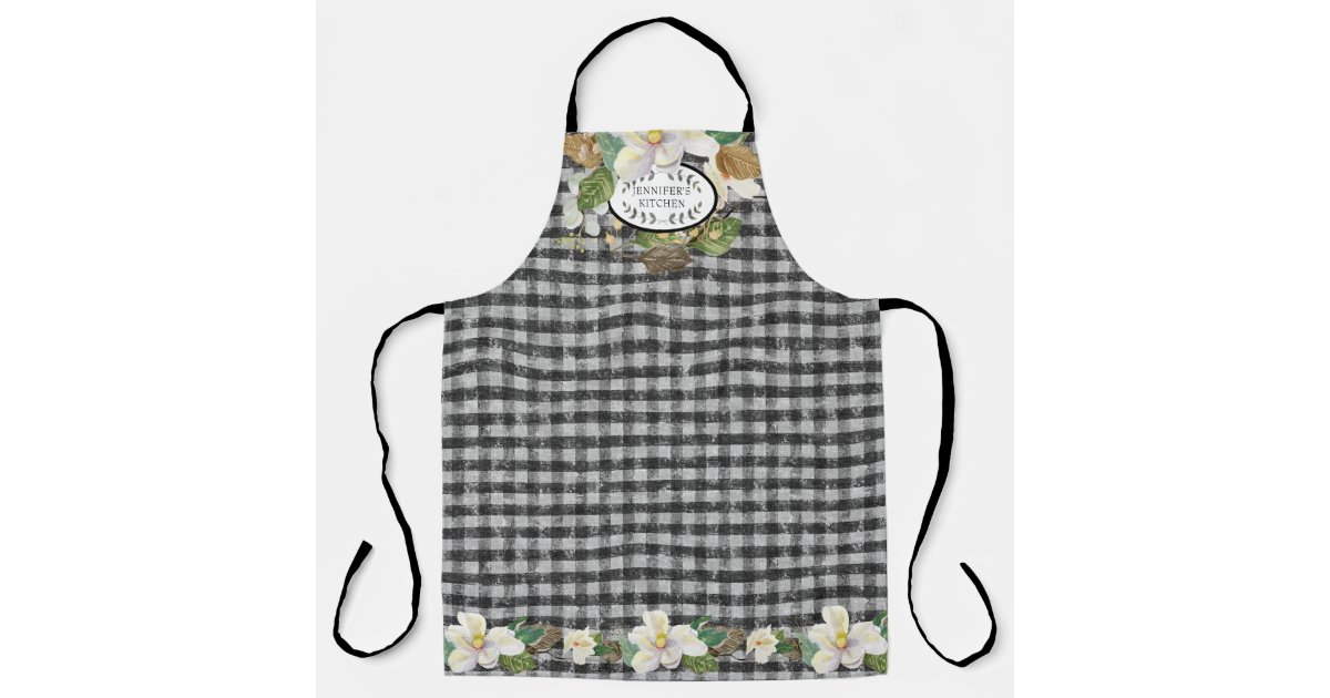 Magnolia Floral Farmhouse Black White Kitchen Name Apron | Zazzle