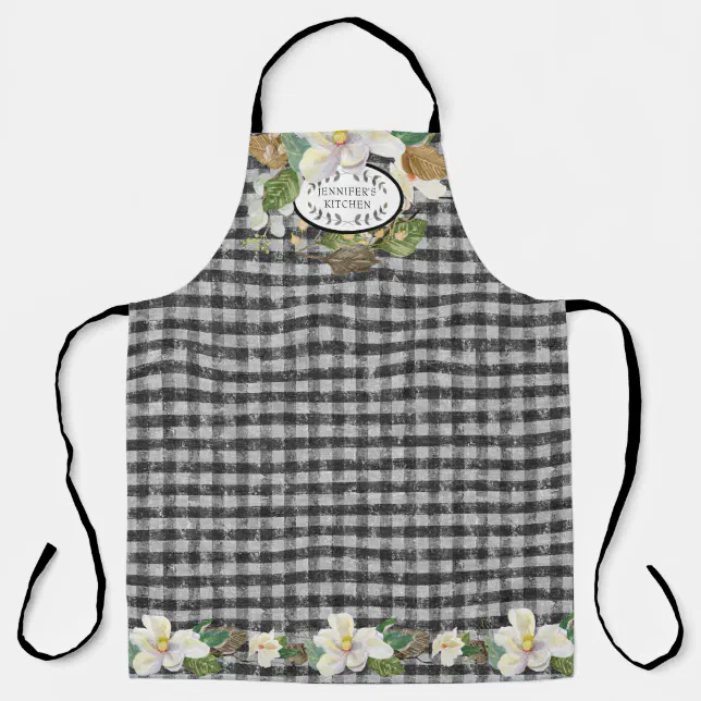 Magnolia Floral Farmhouse Black White Kitchen Name Apron | Zazzle