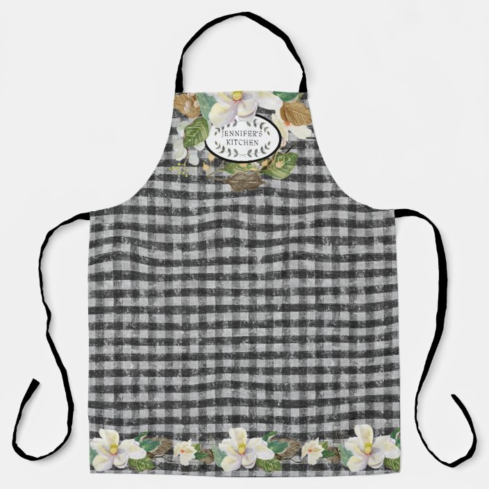 Magnolia Floral Farmhouse Black White Kitchen Name Apron | Zazzle.com