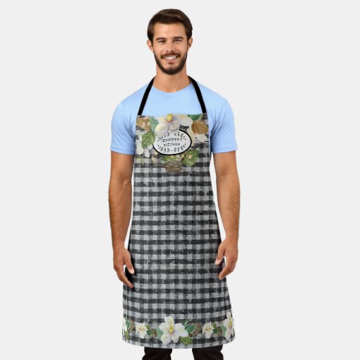 Magnolia Floral Farmhouse Black White Kitchen Name Apron | Zazzle
