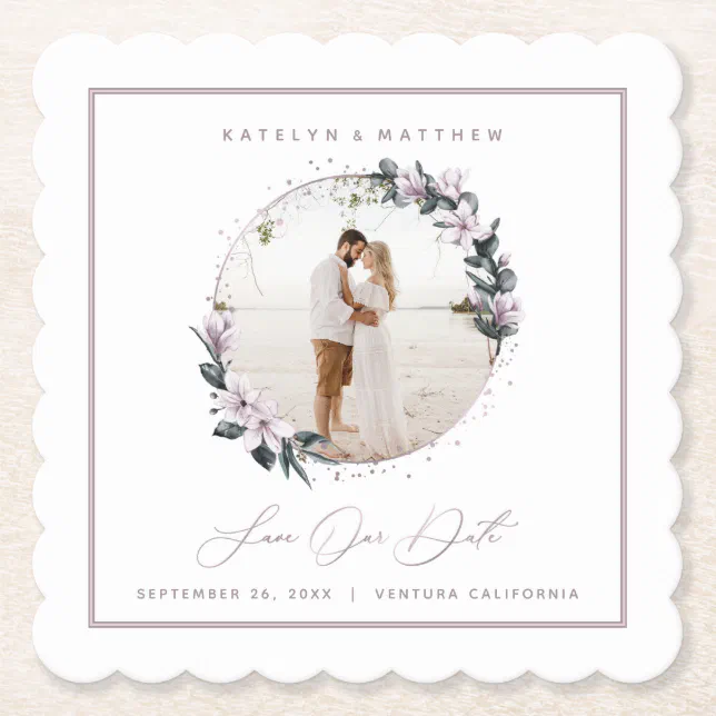 Magnolia Floral & Mauve Circle Photo Save The Date Paper Coaster | Zazzle