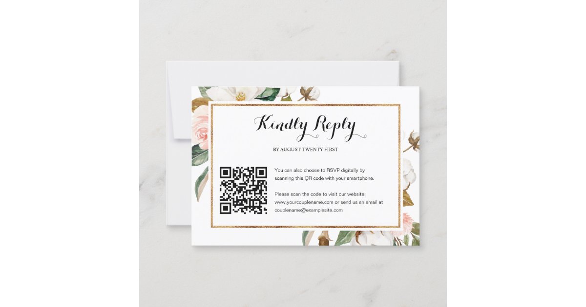 Magnolia Floral Wedding QR Code Photo RSVP Card | Zazzle