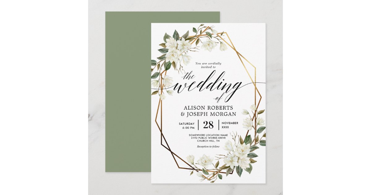 Magnolia gold geometric frame wedding invitation | Zazzle