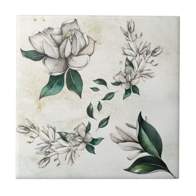 Magnolia On Antiqued Print Botanical Art Tile | Zazzle