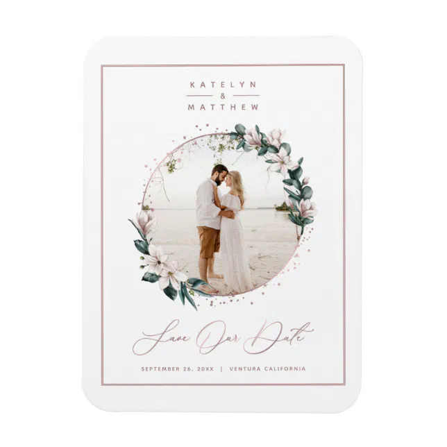 Magnolia & Rose Gold Circle Photo Save The Date Magnet | Zazzle