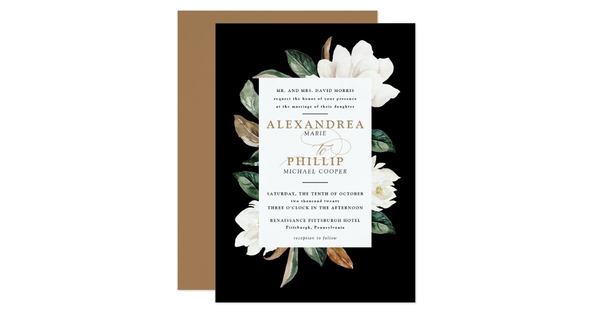Magnolia Wedding Invitation | Black | Zazzle.com