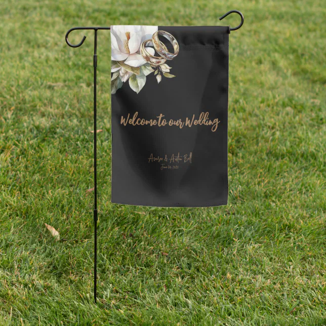 Magnolia Wedding Rings Gold and Black Garden Flag | Zazzle