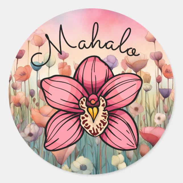 Mahalo Thank You Orchid Flower Classic Round Sticker | Zazzle