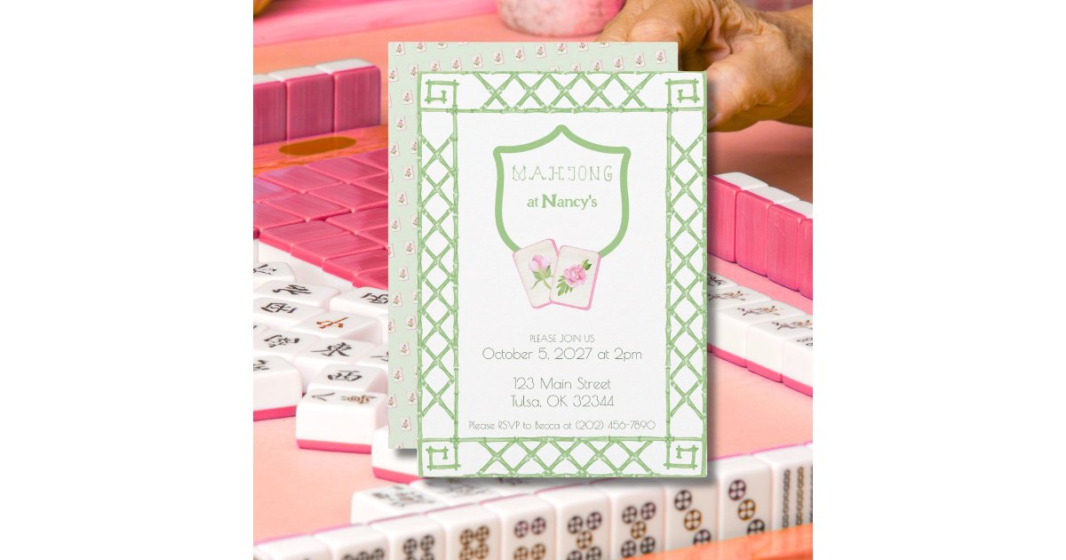 Mahjong Party Invitation, Green Flower Bamboo Invitation | Zazzle