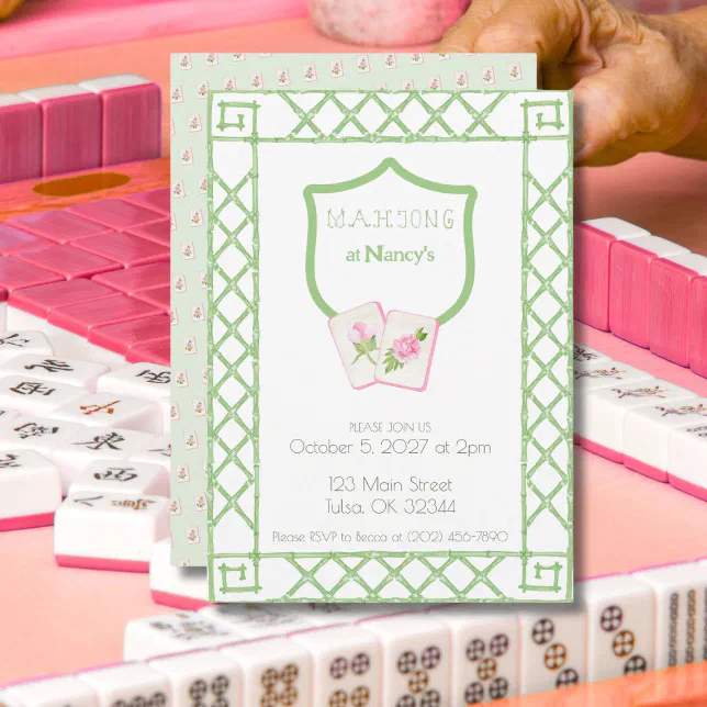 Mahjong Party Invitation, Green Flower Bamboo Invitation | Zazzle