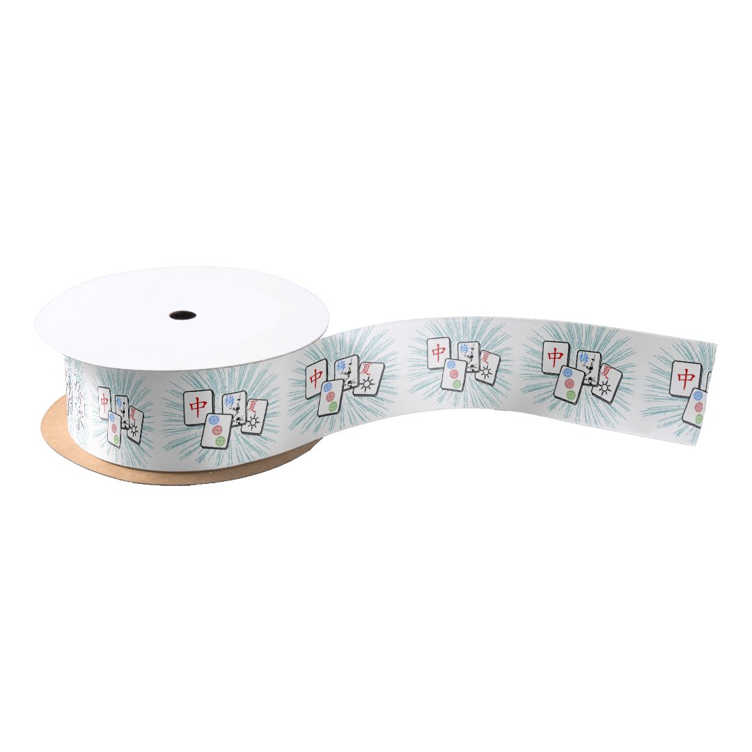 Mahjong Tiles Blue Satin Ribbon | Zazzle