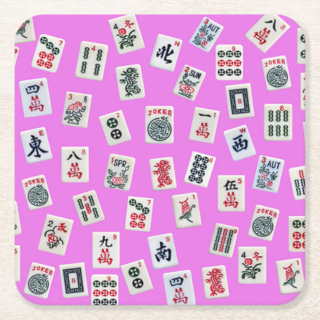 MahJongg tiles on pink background Square Paper Coaster | Zazzle
