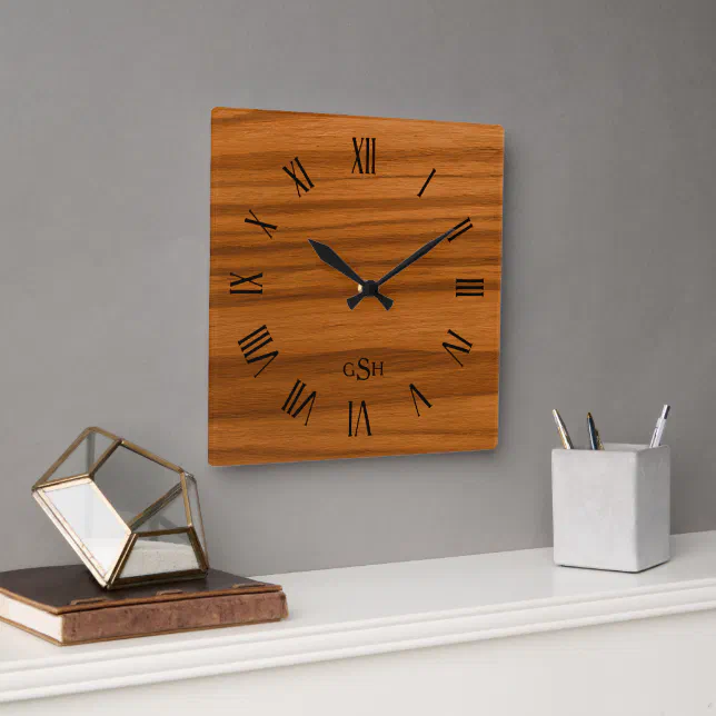 Mahogany Wood Texture Roman Numerals Square Wall Clock | Zazzle