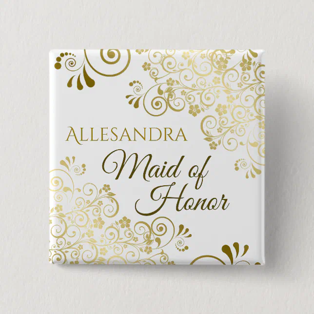 Maid of Honor Elegant Gold Lace Wedding Name Tag Button | Zazzle