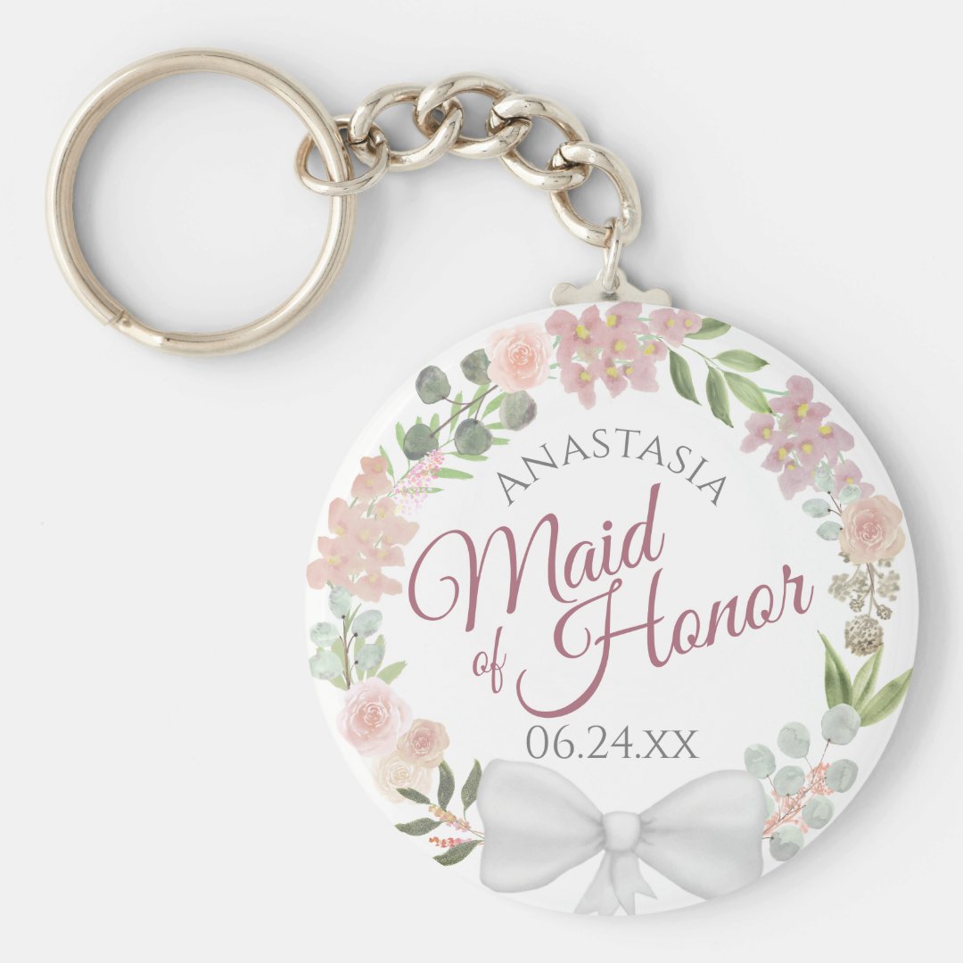 Maid of Honor Rustic Pink Floral Wreath Wedding Keychain | Zazzle