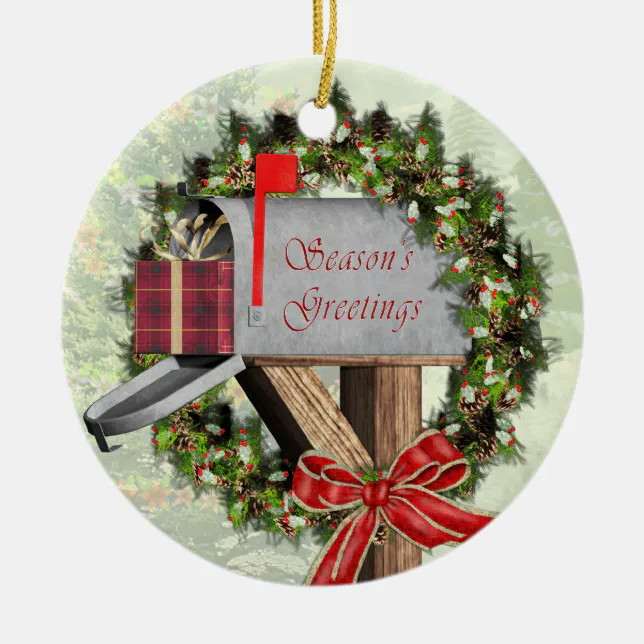 Mailbox, Wreath and Gift Mailman Round Ornament | Zazzle