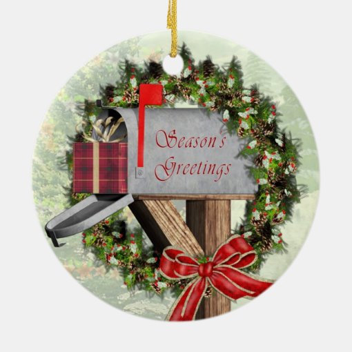 Mailbox, Wreath and Gift Mailman Round Ornament | Zazzle