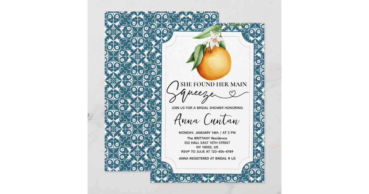 Main Squeeze Bridal Shower Lemon Blue Tile Invitation | Zazzle