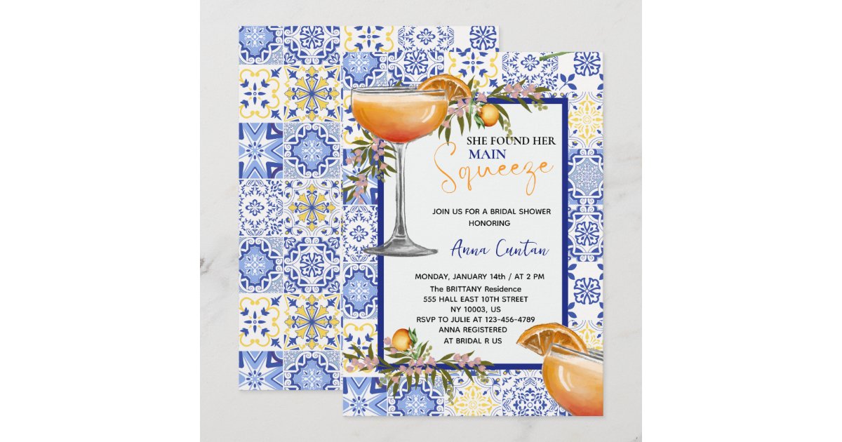 Main Squeeze Bridal Shower Lemon Blue Tile Invitation | Zazzle