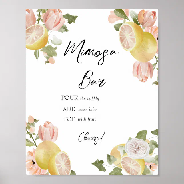 Main Squeeze | Citrus | Pink Floral Mimosa Bar Poster | Zazzle